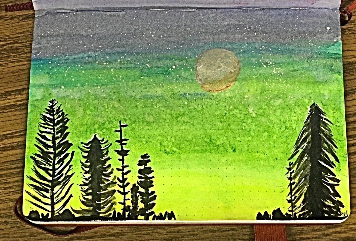 Pine Trees with Moon in Art Journal | Skillshare Student Project