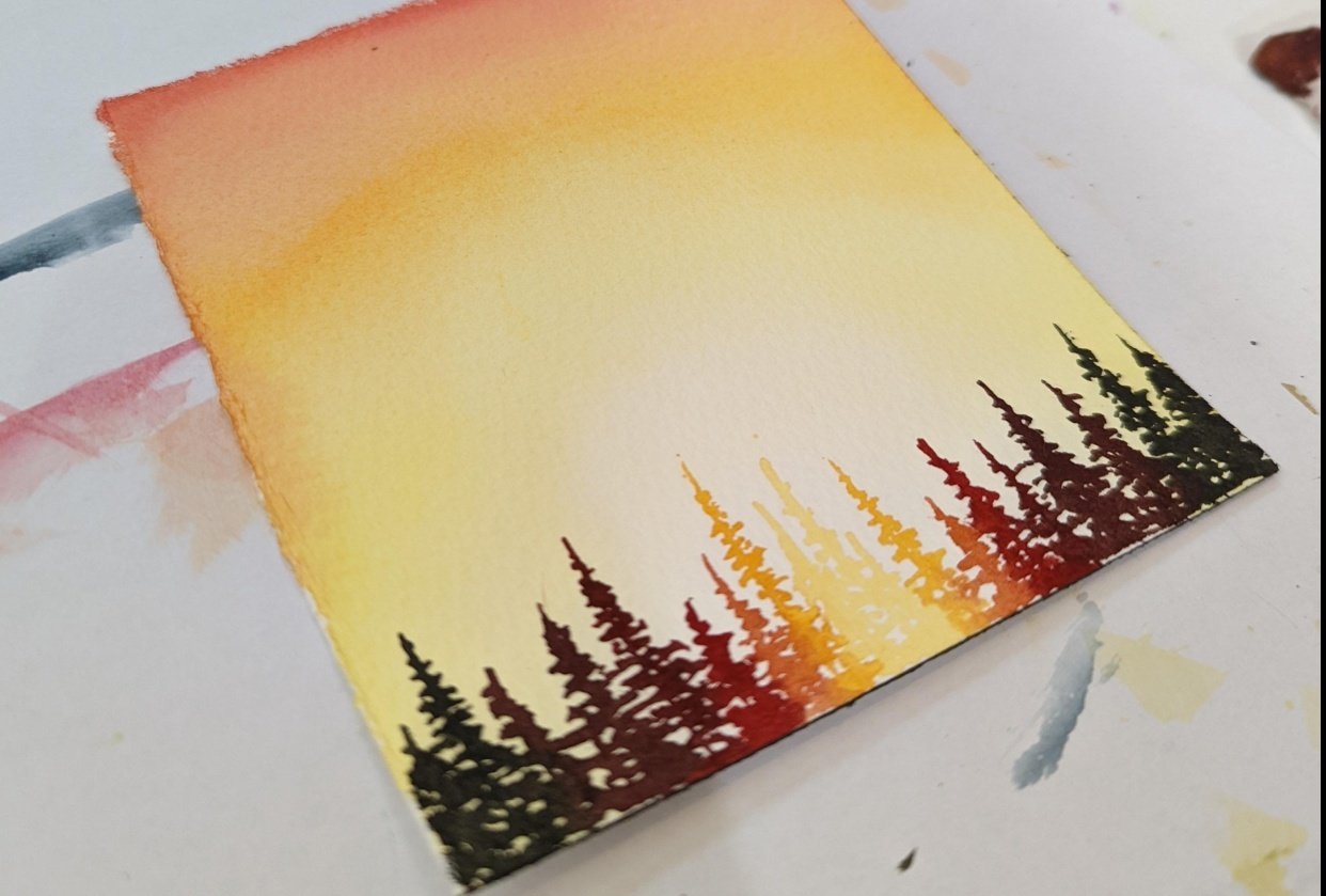 Beginner Watercolor Landscape - Sunset Through the Pines | Skillshare Student Project