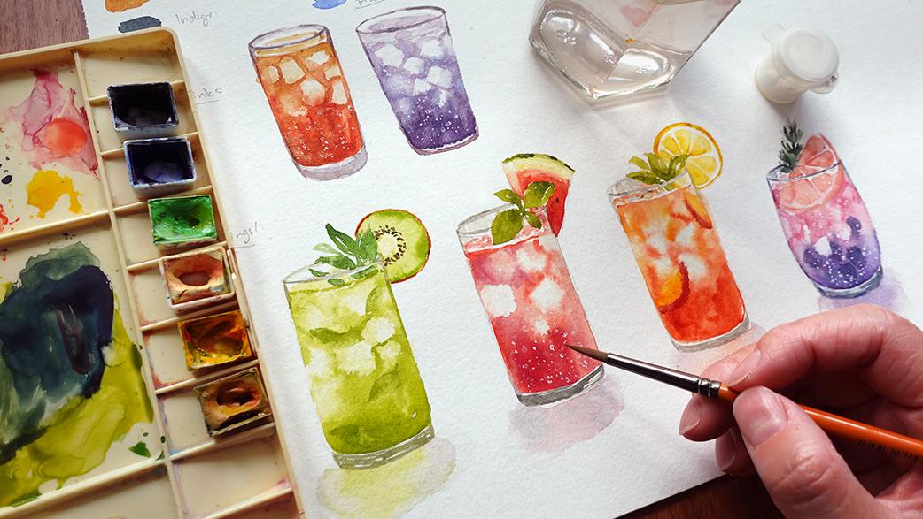Step by Step Watercolor Techniques to paint Loose Fruity Iced Drinks ...