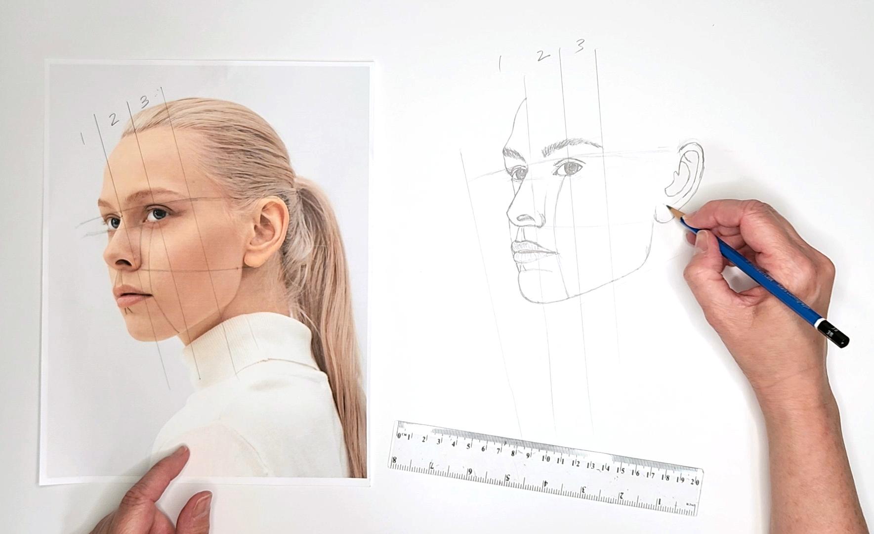 how to draw a three quarter face