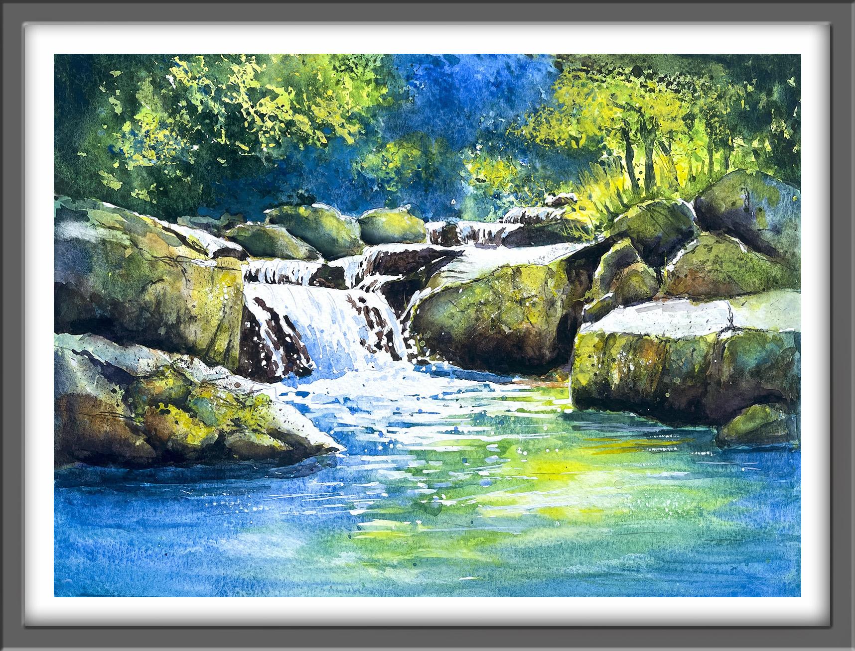 Watercolour Landscape Painting: River, Waterfall and Rocks for All ...