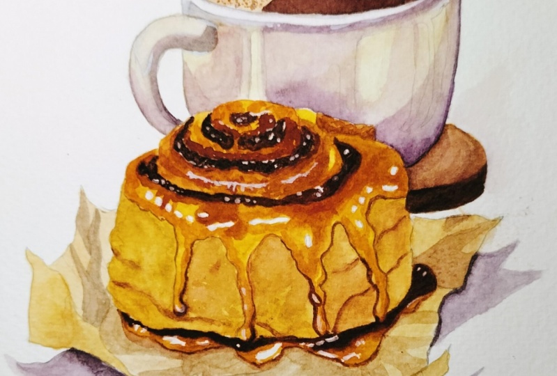 Food Illustration: Cozy Cinnamon Roll with Coffee - Drawing and ...