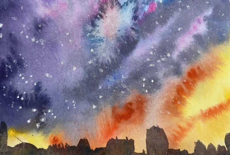 Watercolor Painting : Dramatic Pastel Sky with Birds | Francoise Blayac ...