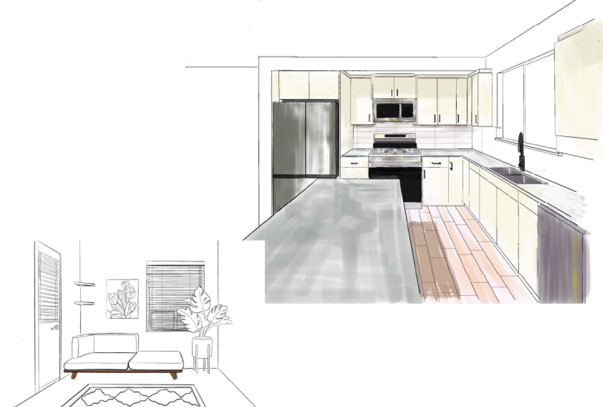 One Point Perspective Kitchen Drawing